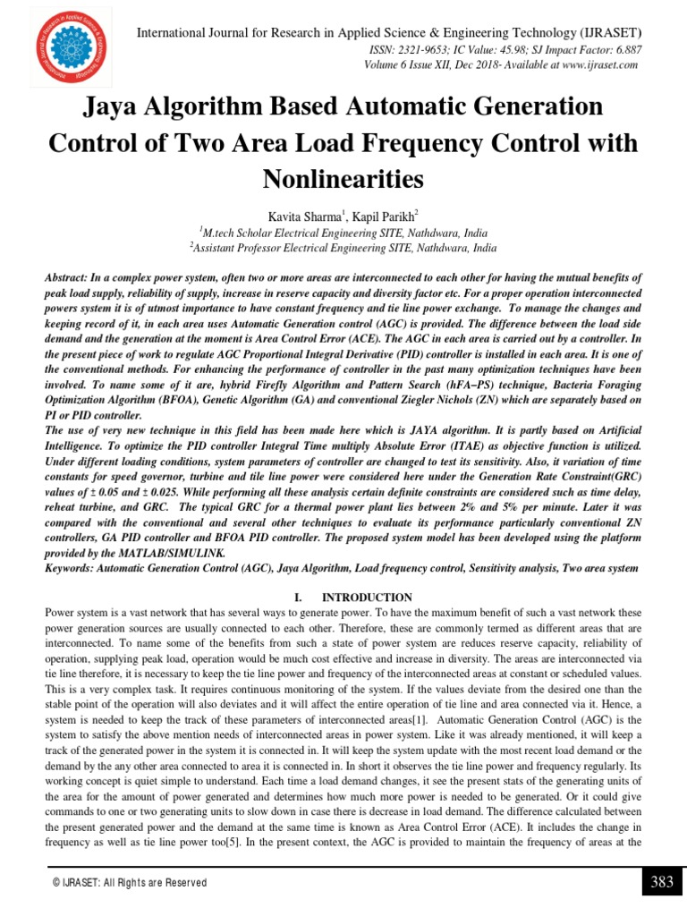 Jaya Algorithm Based Automatic Generation Control of Two Area Load Frequency Control With ...