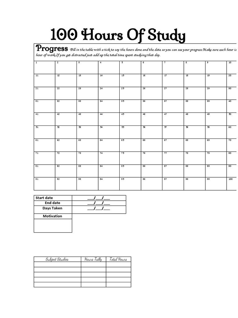 100 Hours Study Progress Tracker | PDF
