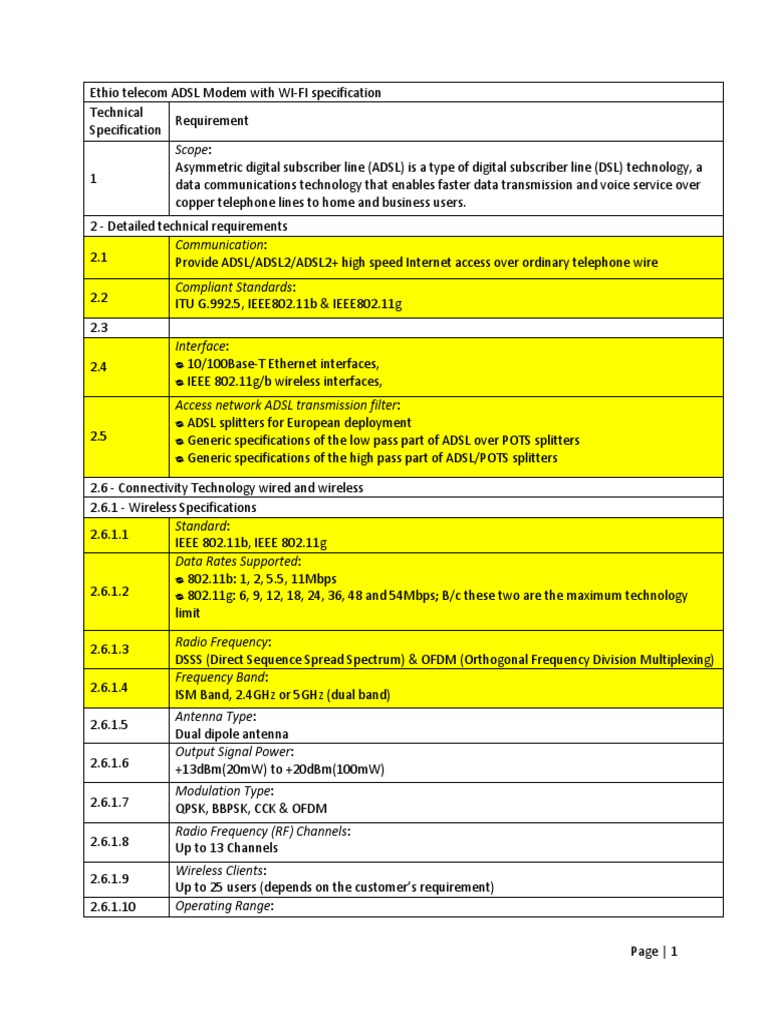 ADSL Modem Specs for Tech Experts | PDF | Ieee 802.11 | Digital ...