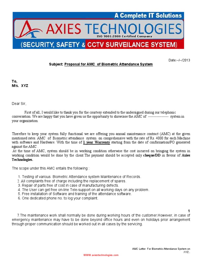 AMC Proposal for Biometric Attendance System | PDF | Computing | Business