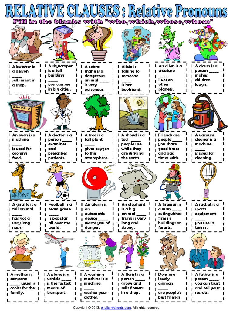 Relative Clauses Relative Pronouns Who Which Whose Whom Worksheet 1 ...