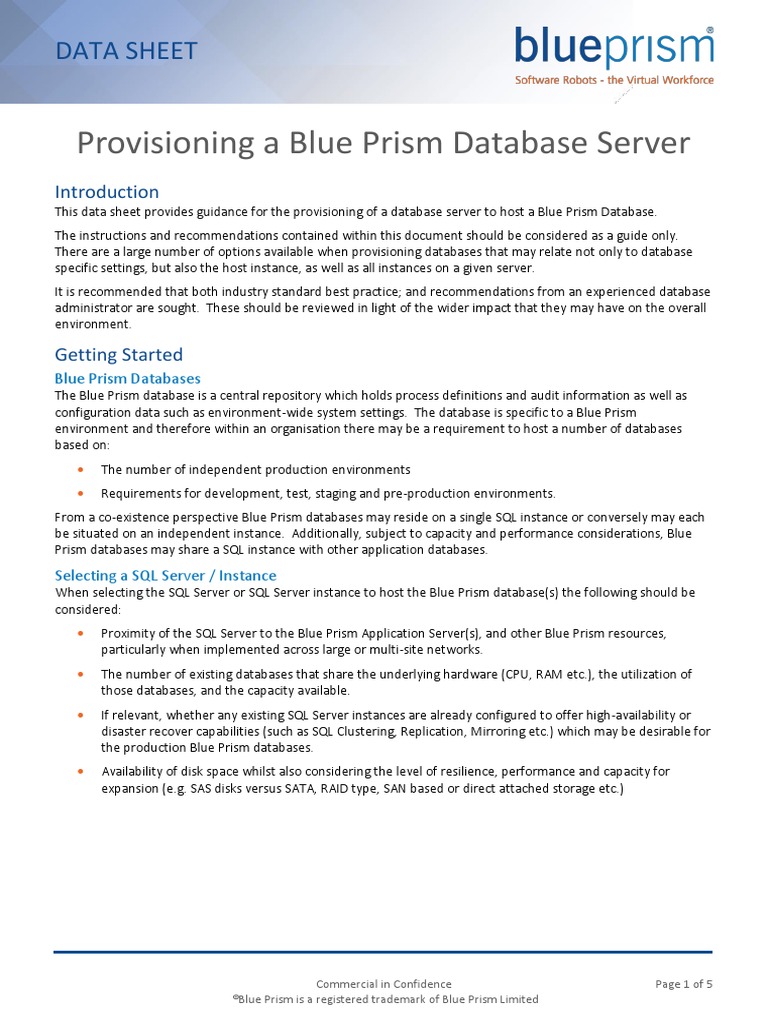 Blue Prism Data Sheet - Provisioning A Blue Prism Database Server PDF ...
