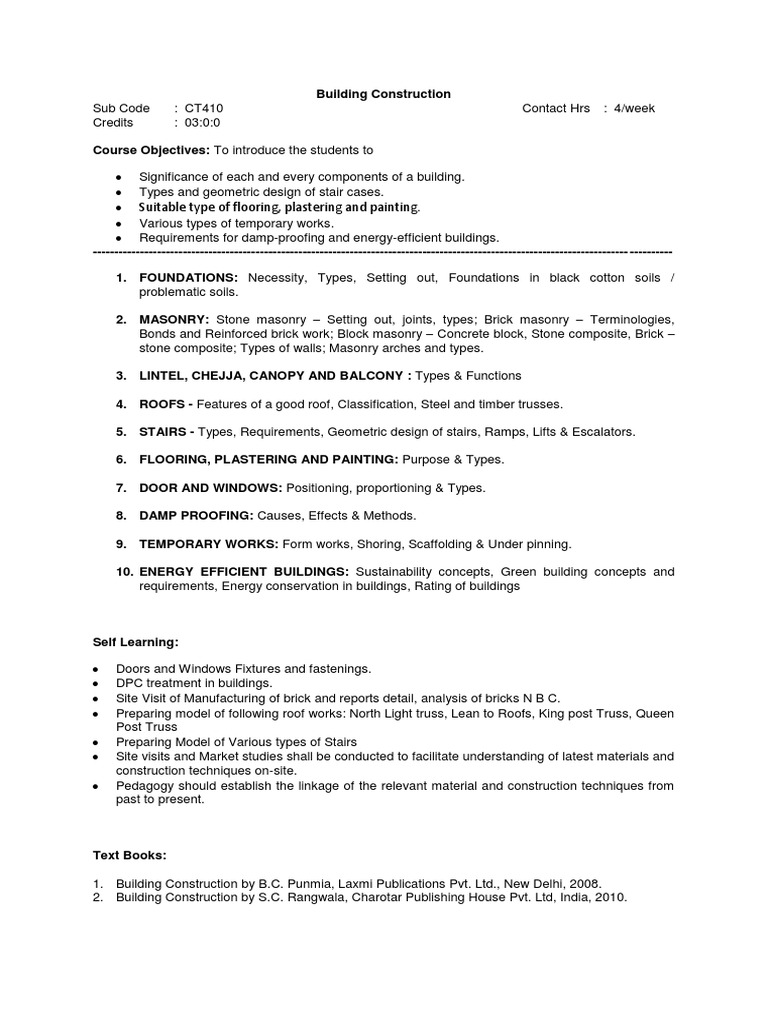 CT410 Building Construction Syllabus | PDF | Masonry | Truss