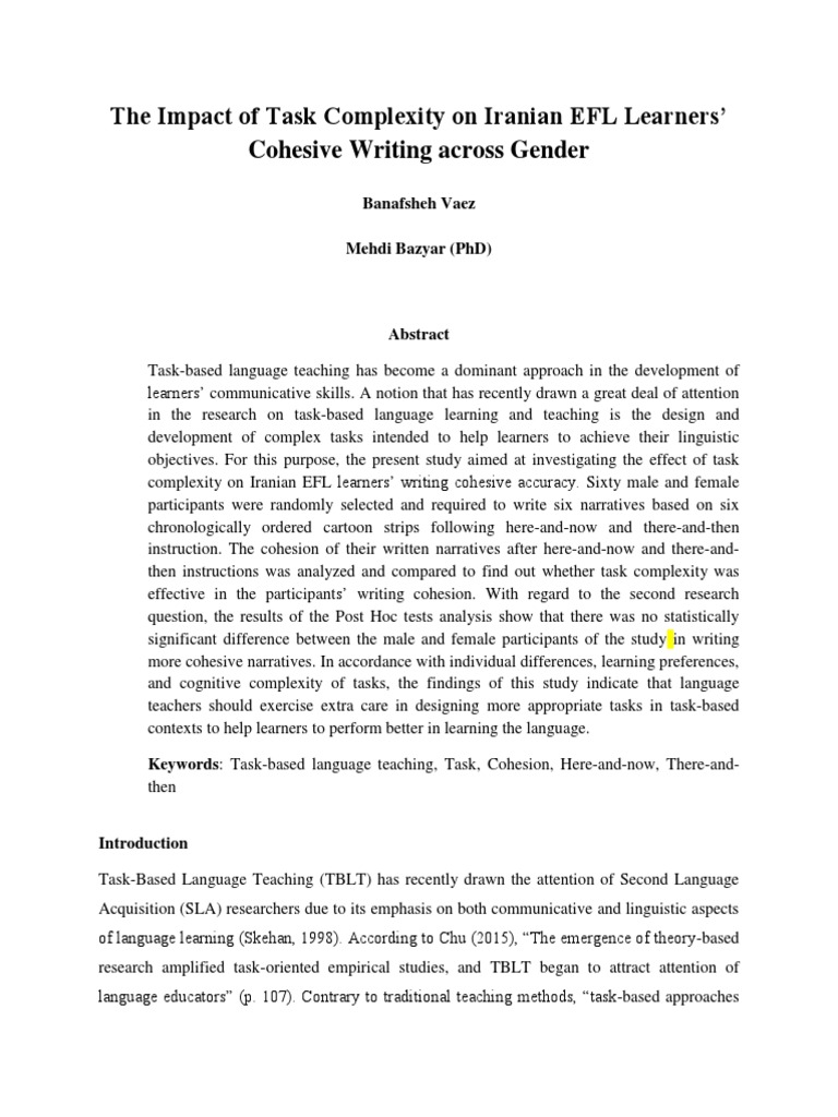 The Impact Of Task Complexity On Iranian Efl Learners Cohesive Writing Across Gender Pdf