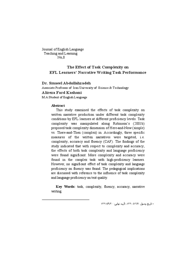 The Effect Of Task Complexity On Efl Learners Narrative Writing Task Performance Pdf