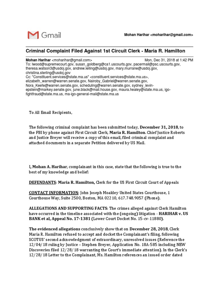 HARIHAR Files Criminal Complaint W/ FBI Against 1st Circuit Clerk Maria ...