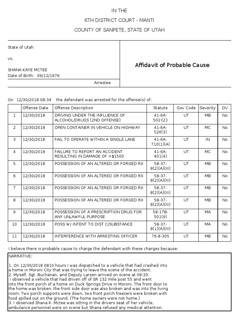 Shana McTee Probable Cause Statement | PDF | Driving Under The ...