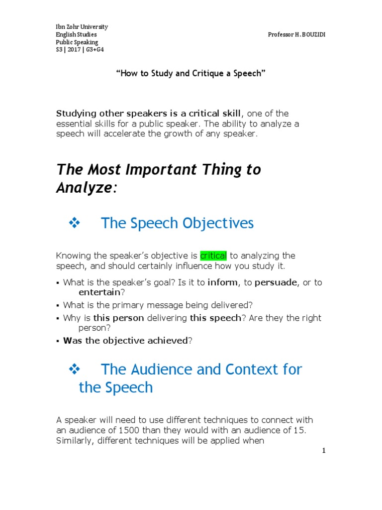 How To Study and Critique A Speech | PDF | Public Speaking | Audience