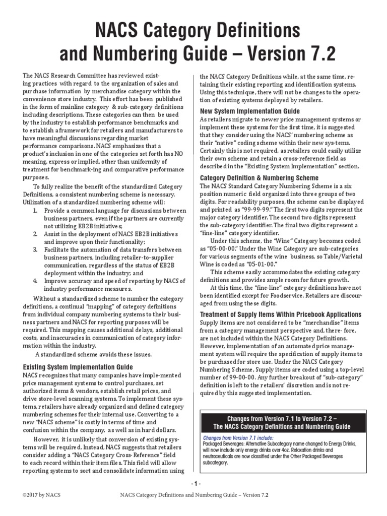 NACS Category Definitions and Numbering Guide - Version 7.2: New System ...