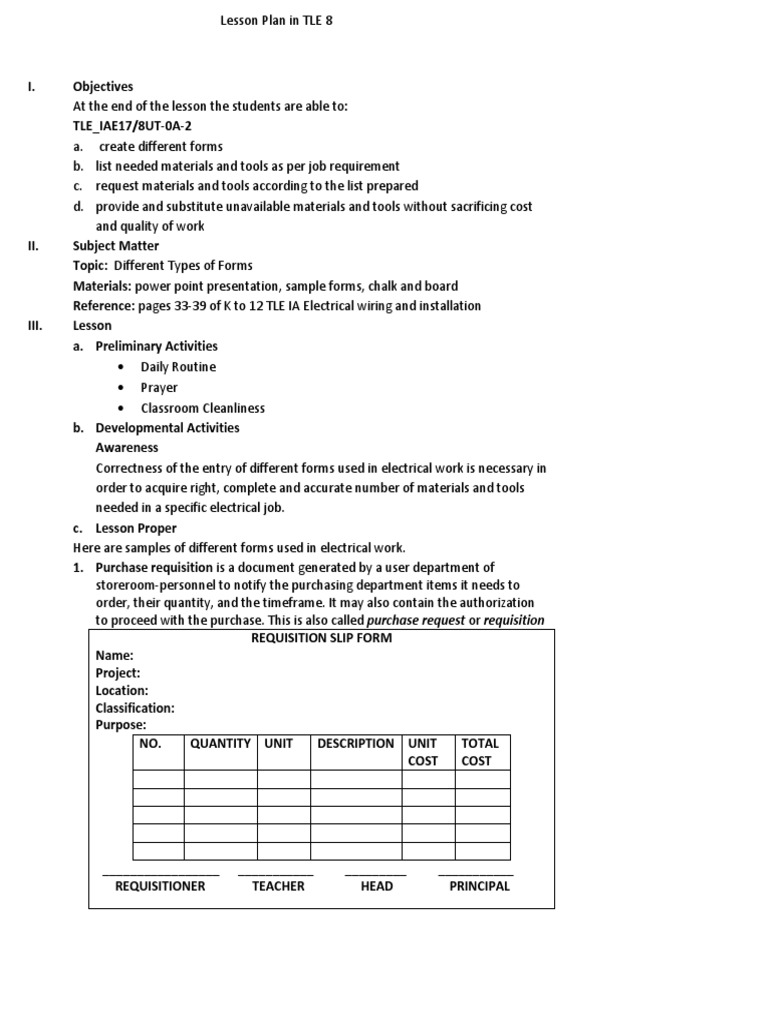 Types of Forms in TLE 8 Lesson Plan | PDF | Inventory | Lesson Plan