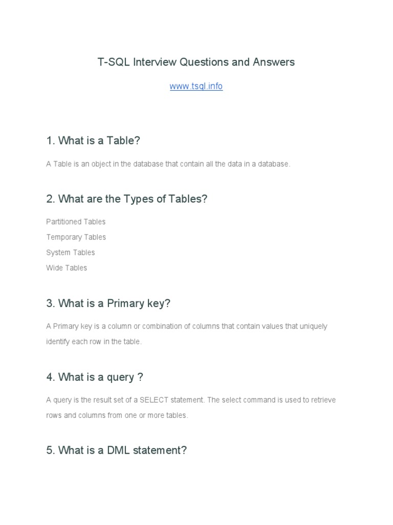 T-SQL Interview Questions and Answers: WWW - Tsql.info | Download Free ...
