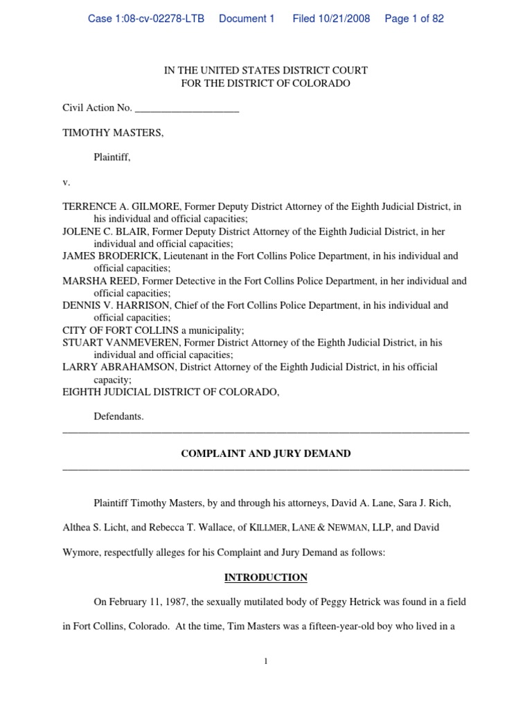 Timothy Masters Vs City of Fort Collins, and District Attorneys 2008 ...