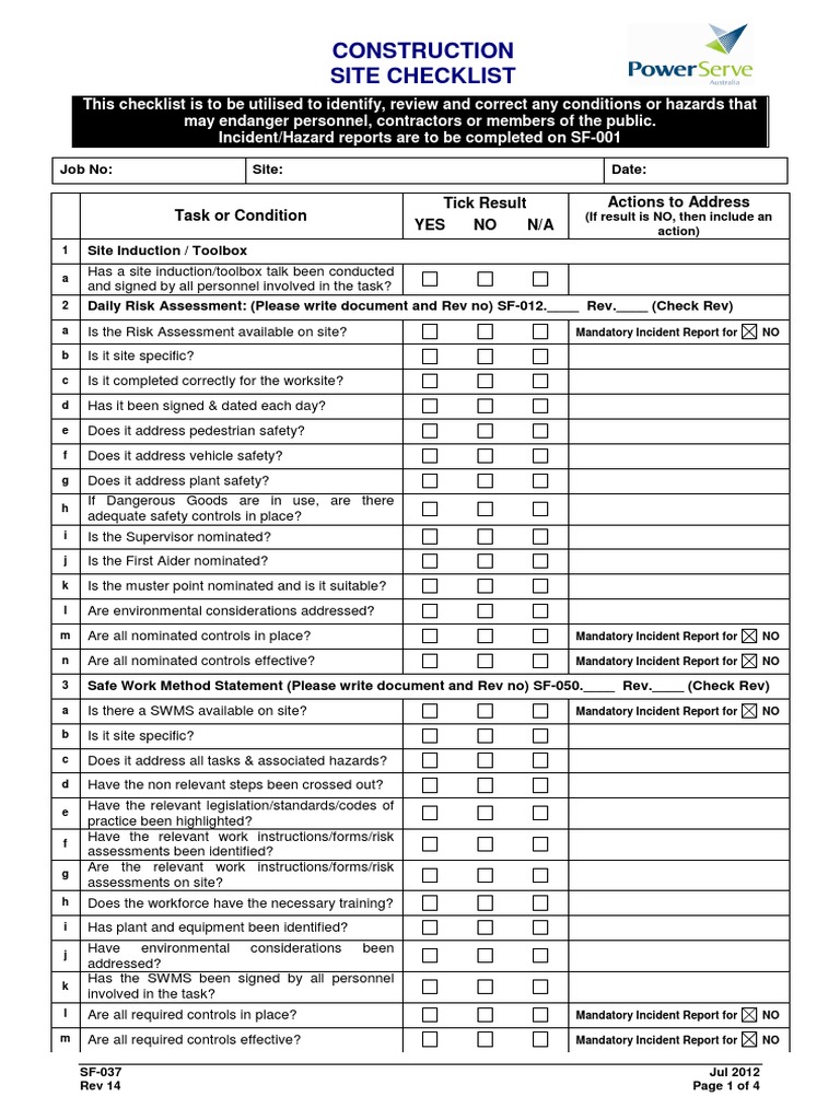 Appendix A7 Weekly Site Inspection Checklist PDF | PDF | Dangerous ...