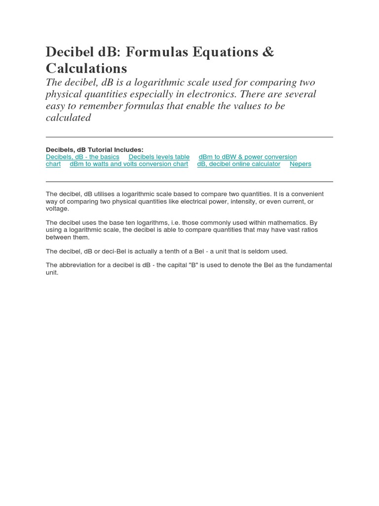 Decibel dB: Formulas Equations & Calculations | Decibel | Electrical ...