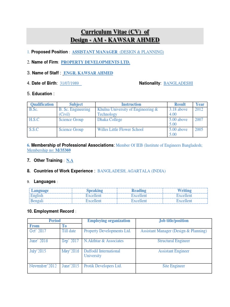 Curriculum Vitae (CV) - Design-AM-KAWSAR AHMED | PDF | Sewage Treatment ...