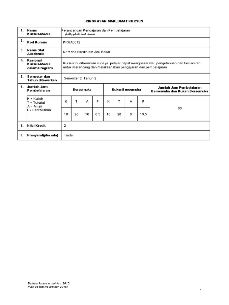 PRKA3012 Perancangan Pengajaran Dan Pembelajaran (BAMB) | PDF