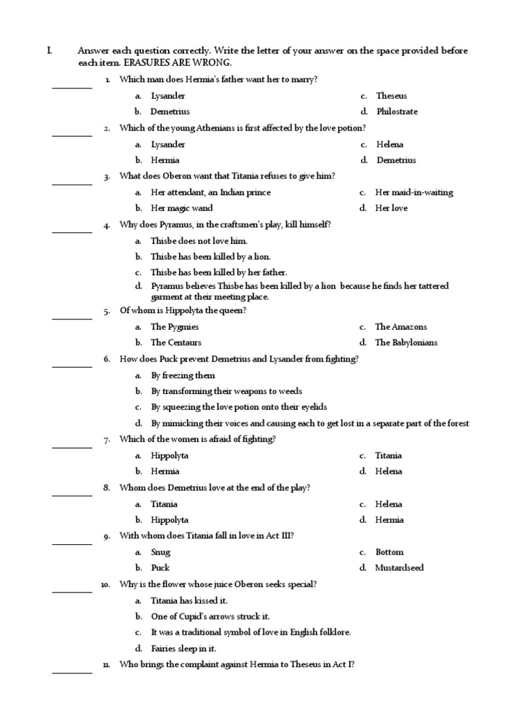 Quiz | PDF | A Midsummer Night's Dream | Shakespearean Comedies