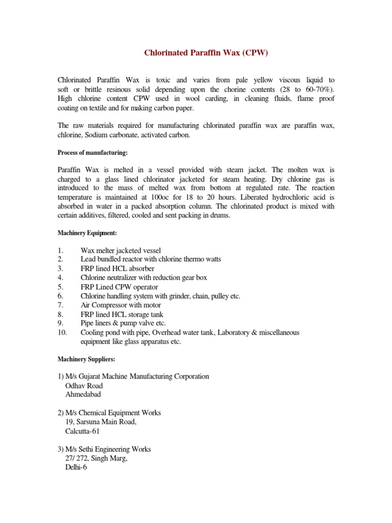 Chlorinated Paraffin Wax (CPW) : Process of Manufacturing | PDF