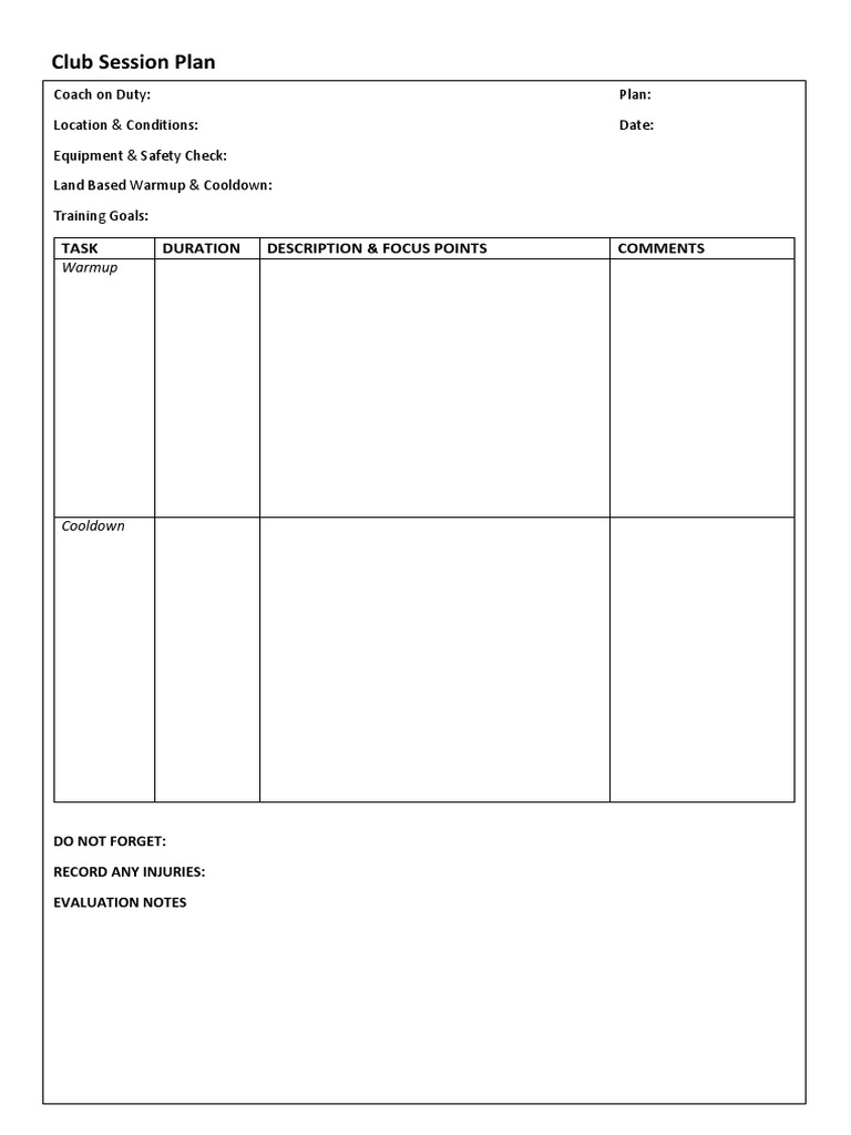 Club Session Plan: Task Duration Description & Focus Points Comments | PDF