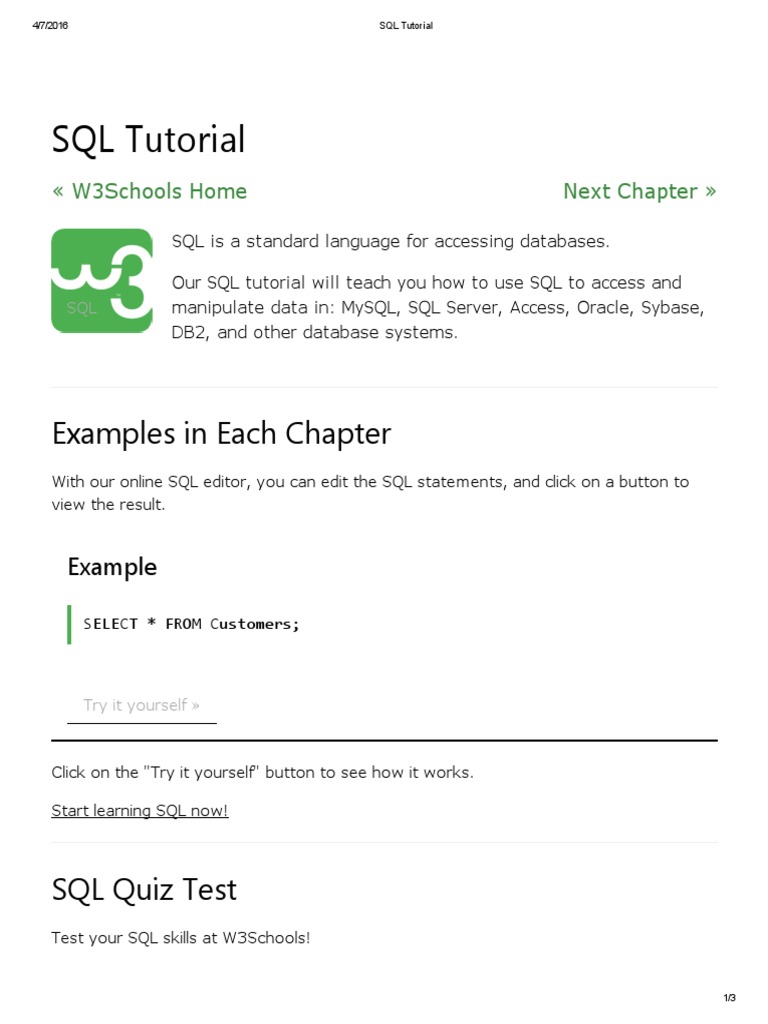 SQL Tutorial: Examples in Each Chapter | Download Free PDF | Sql | Databases
