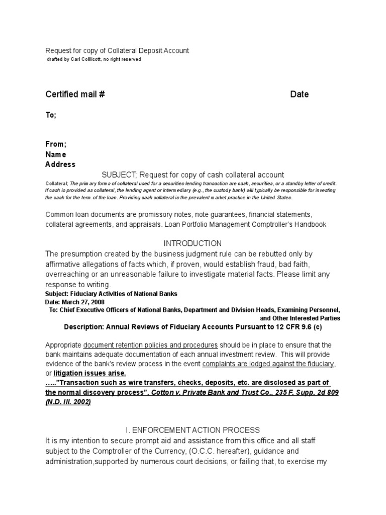 Request For Copy of Collateral Deposit Account POWERS CASE | Download ...