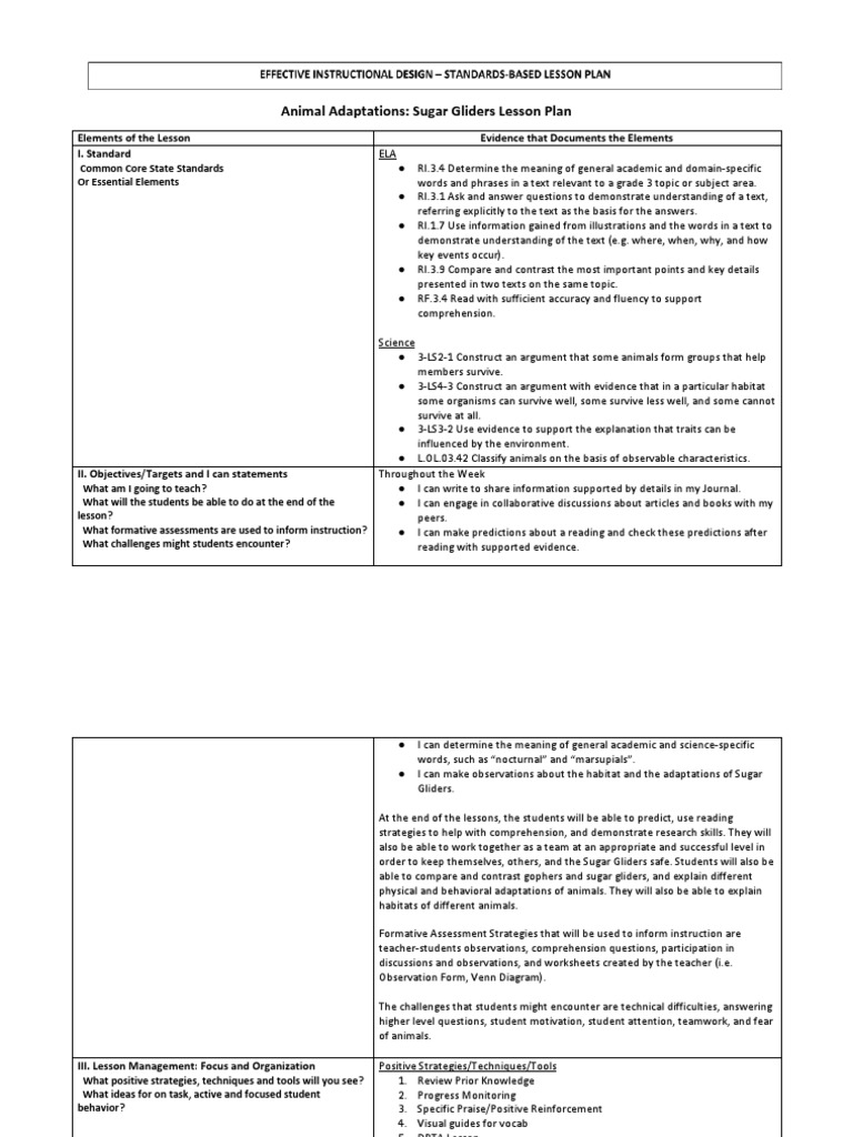 Sugar Gliders Adaptations Lesson Plan | PDF | Behaviorism | Reading ...