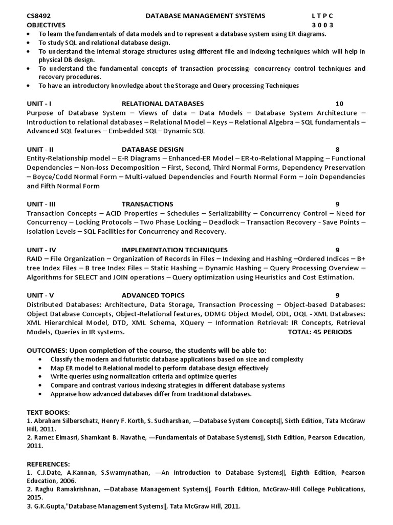 CS8492 - DBMS Syll | PDF | Relational Database | Database Transaction
