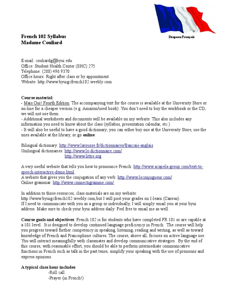 French 102 Syllabus Couliard Winter 2019 | PDF | French Language | Syllabus