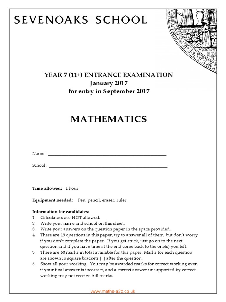 MATHS Y7 2017 Exam Paper | PDF | Teaching Mathematics