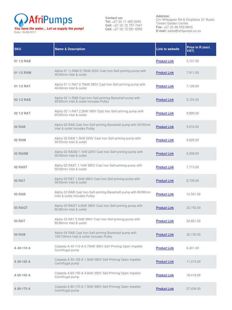 Afripumps Pricelist PDF | Download Free PDF | Pump | Machines
