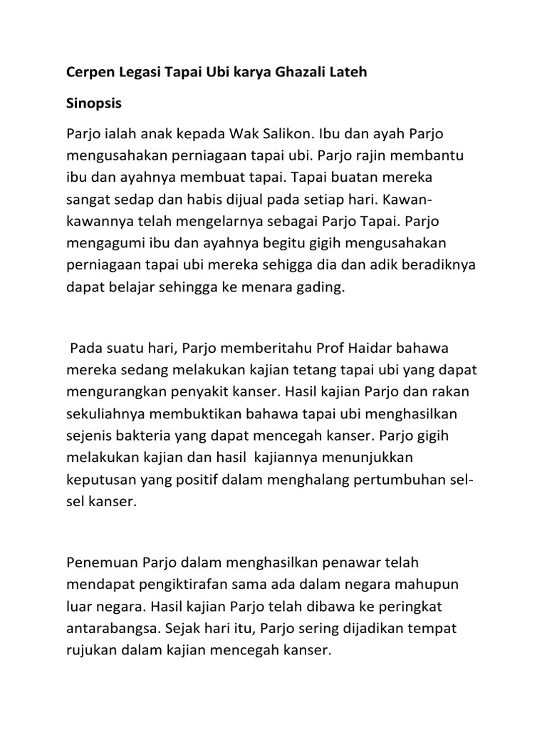 Cerpen Legasi Tapai Ubi Karya Ghazali Lateh | PDF
