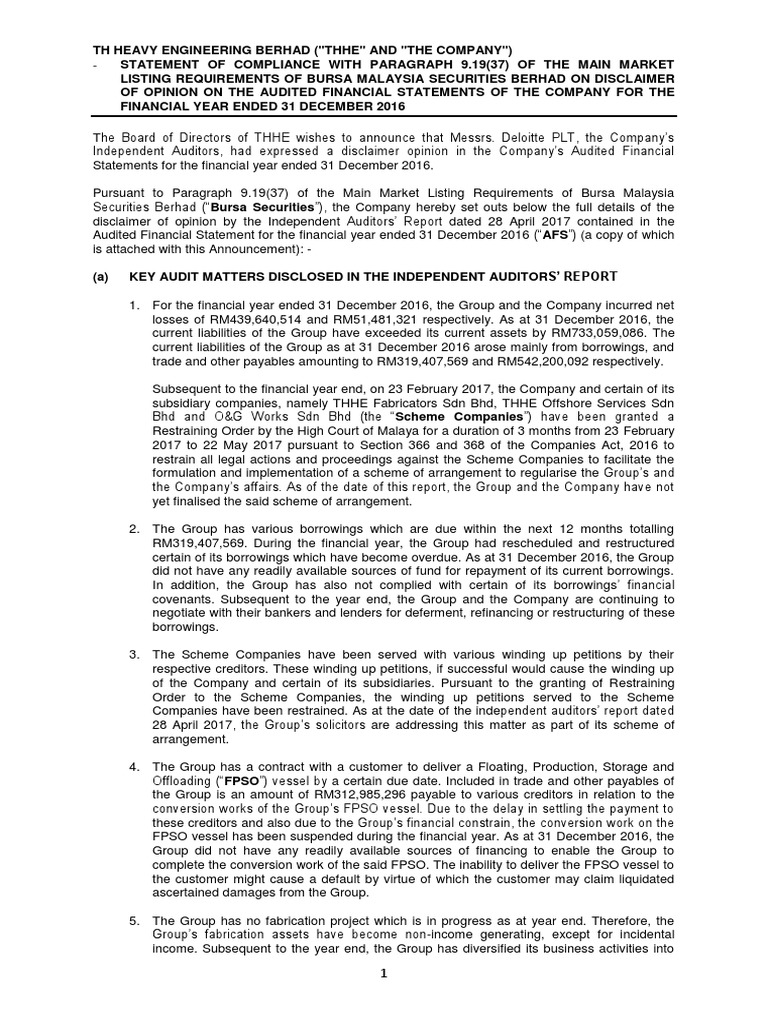 Disclaimer Opinion (Attachment)-Final | Going Concern | Business