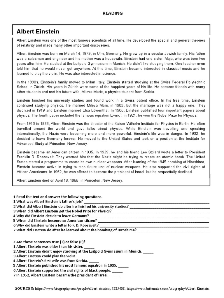 Albert Einstein Reading Reading Comprehension Exercises 100174 | PDF | Albert Einstein | Unrest