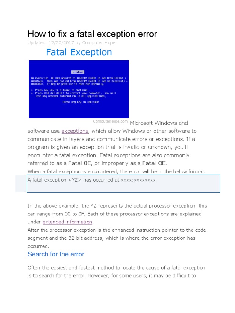 How To Fix A Fatal Exception Error Central Processing Unit Computer