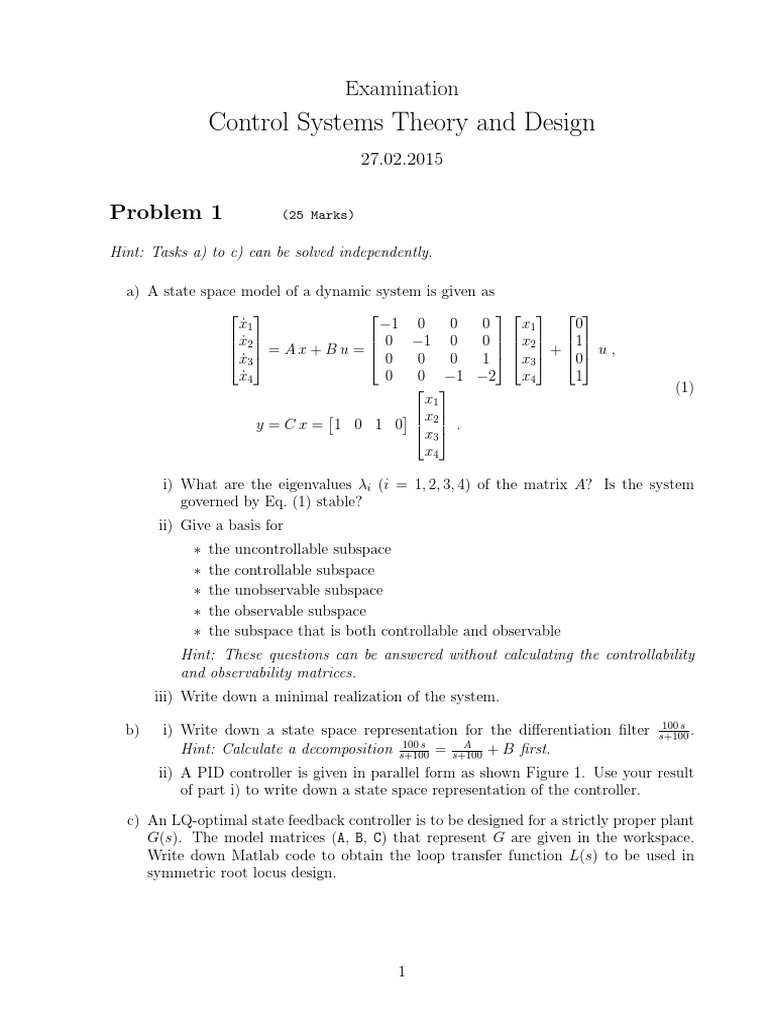State Space Modeling and Optimal Controller Design for a Multi-Subsystem Process | PDF | Control ...