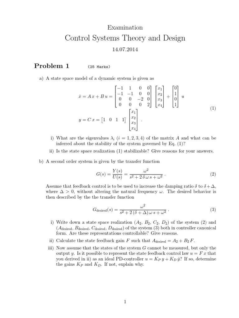 Control Systems Theory and Design: Examination | PDF | Control Theory ...