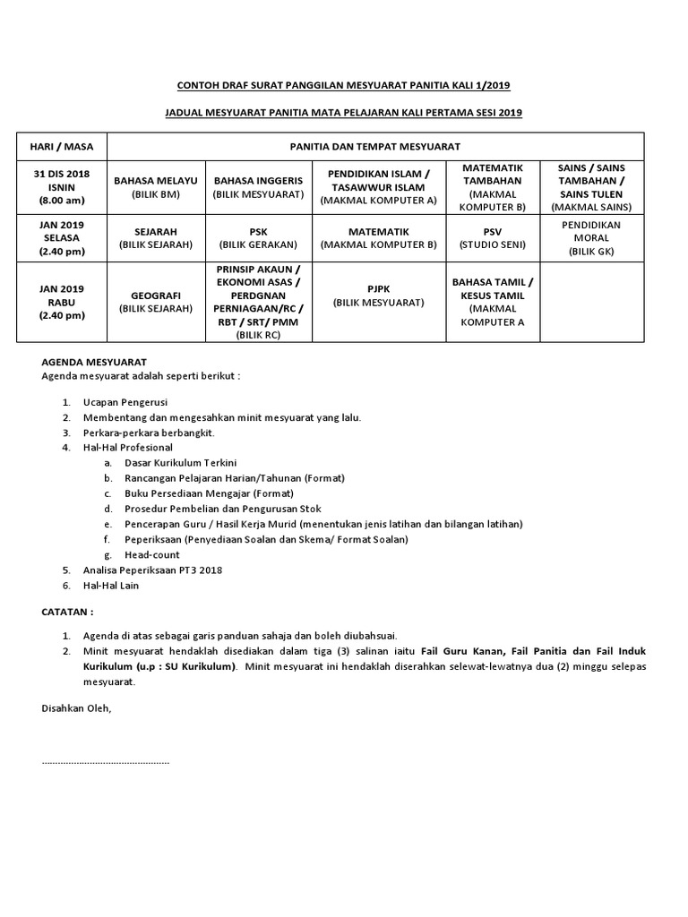 Contoh Draf Surat Panggilan Mesyuarat Panitia Kali 1 | PDF