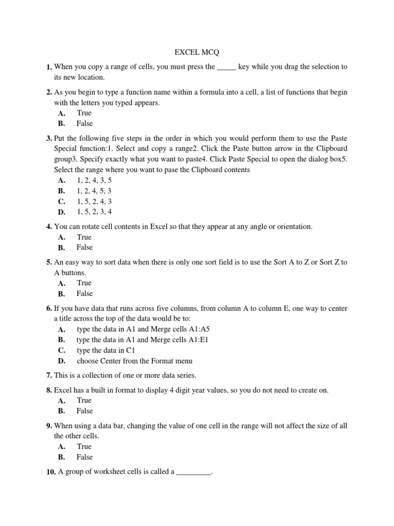 MCQ Question On Excel | PDF | Microsoft Excel | Microsoft Power Point