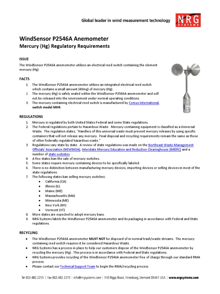 WindSensor P2546A Mercury Information | PDF | Mercury (Element) | Recycling