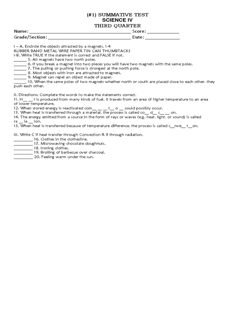 Magnetism and Heat Transfer Test Answers Revealed | PDF | Sound | Light