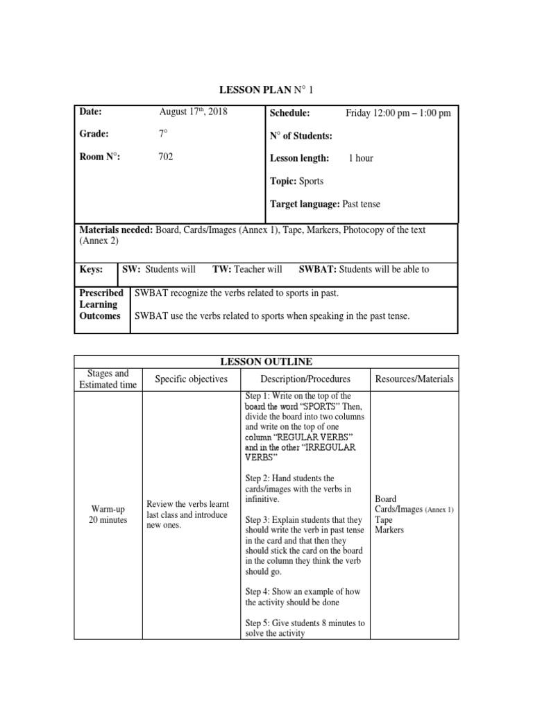 Lesson Plan #1: (Annex 1) | PDF | Verb | Linguistics