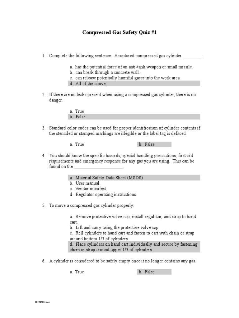 QUIZ Compressed Gas Safety 2 Answers | PDF | Gases | Nature