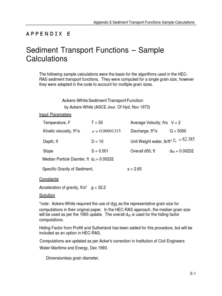 Sediment Transport Functions - Sample Calculations: Appendix E | PDF ...