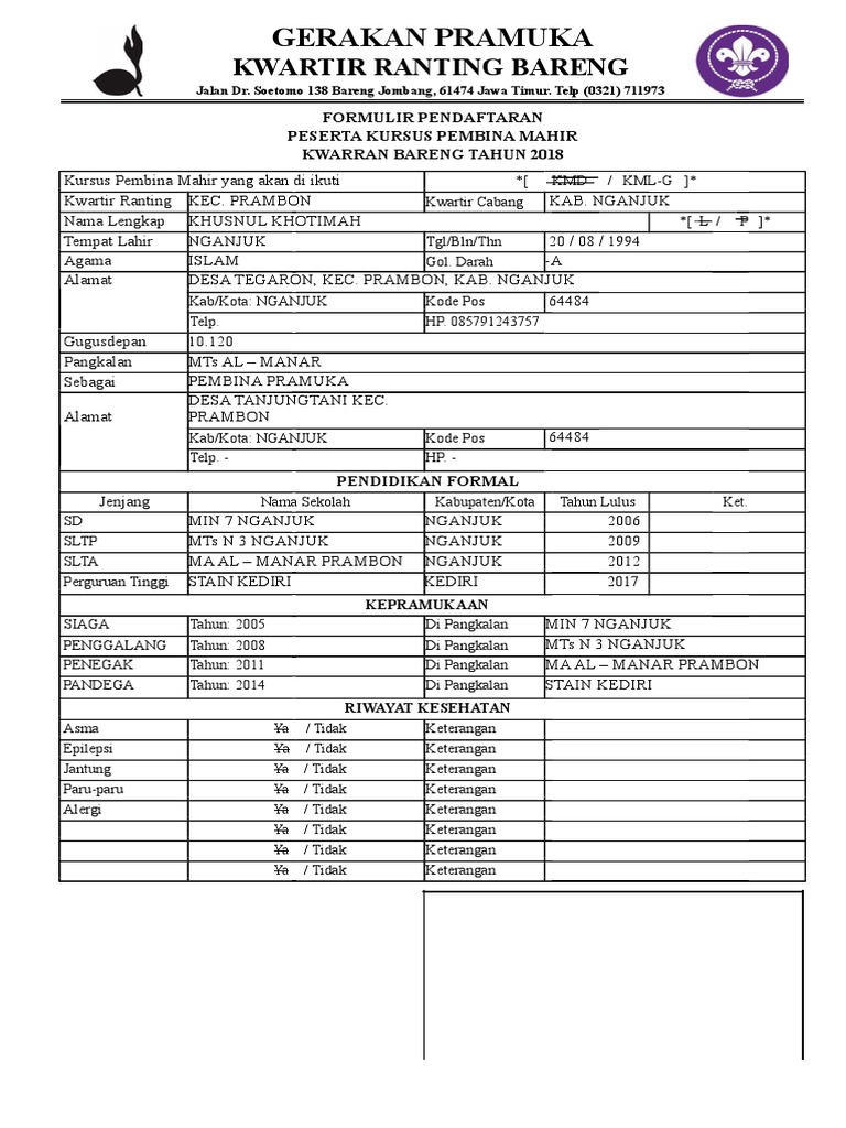 Formulir Kursus Pembina Pramuka | PDF