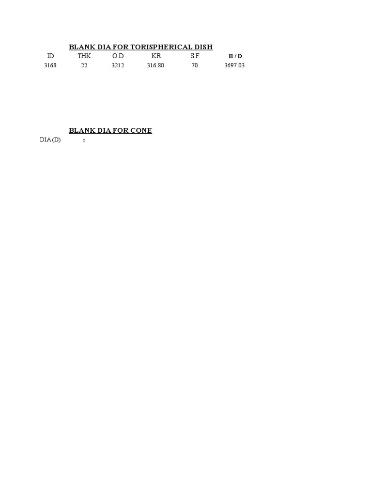 Blank Dia For Torispherical Dish: ID THK O.D KR S.F | PDF | Home ...
