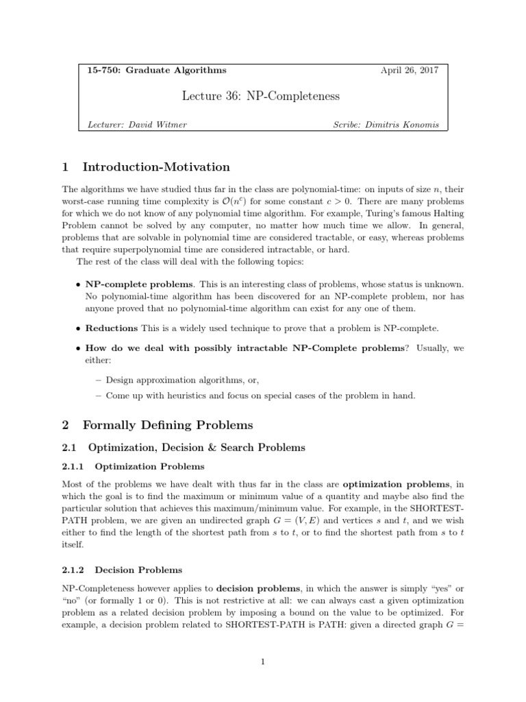 Lecture 36 Np Completeness 2 1 Optimization Decision And Search Problems Pdf Time