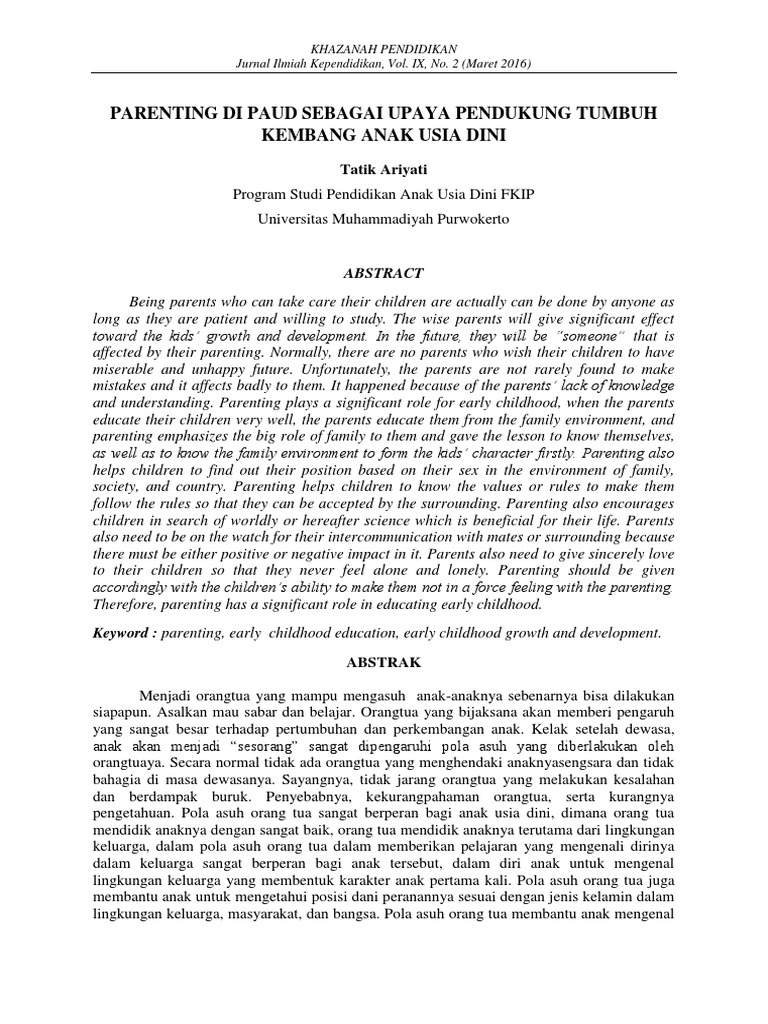 Parenting Di Paud Sebagai Upaya Pendukung Tumbuh Kembang Anak Usia Dini | PDF