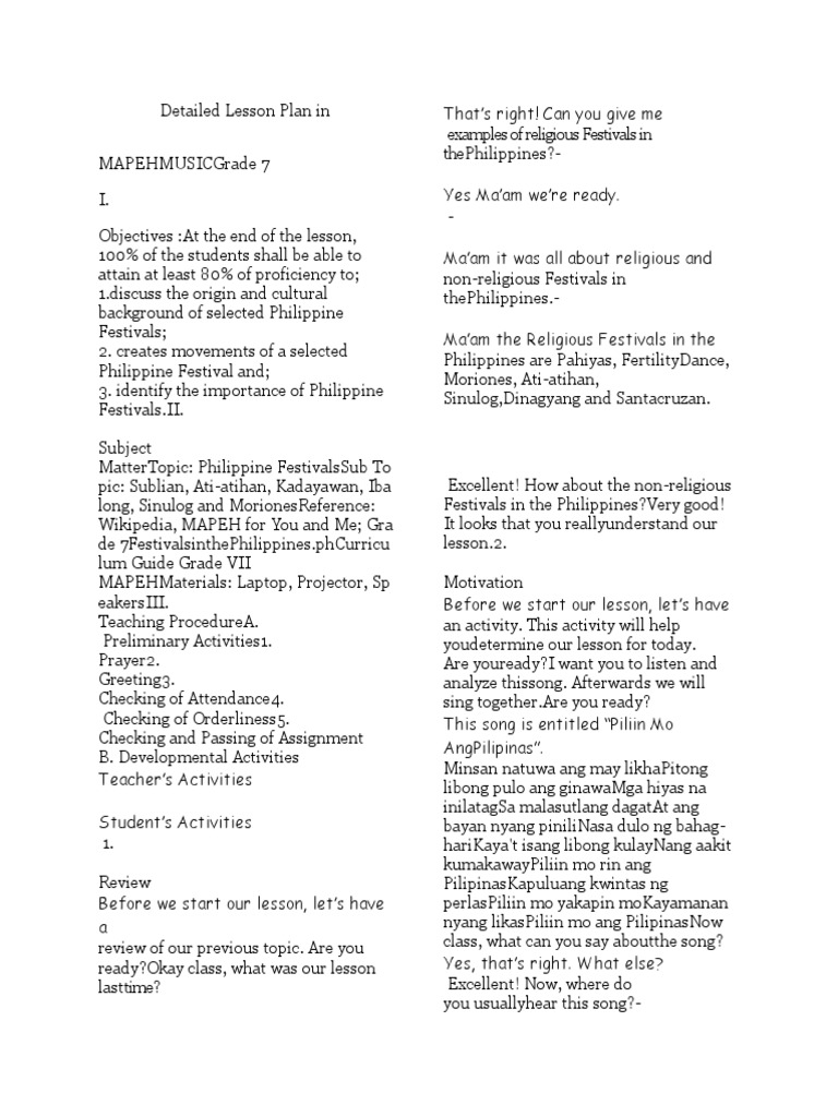 Detailed Lesson Plan in MAPEHMUSICGrade 7 | PDF | Lesson Plan | Pedagogy