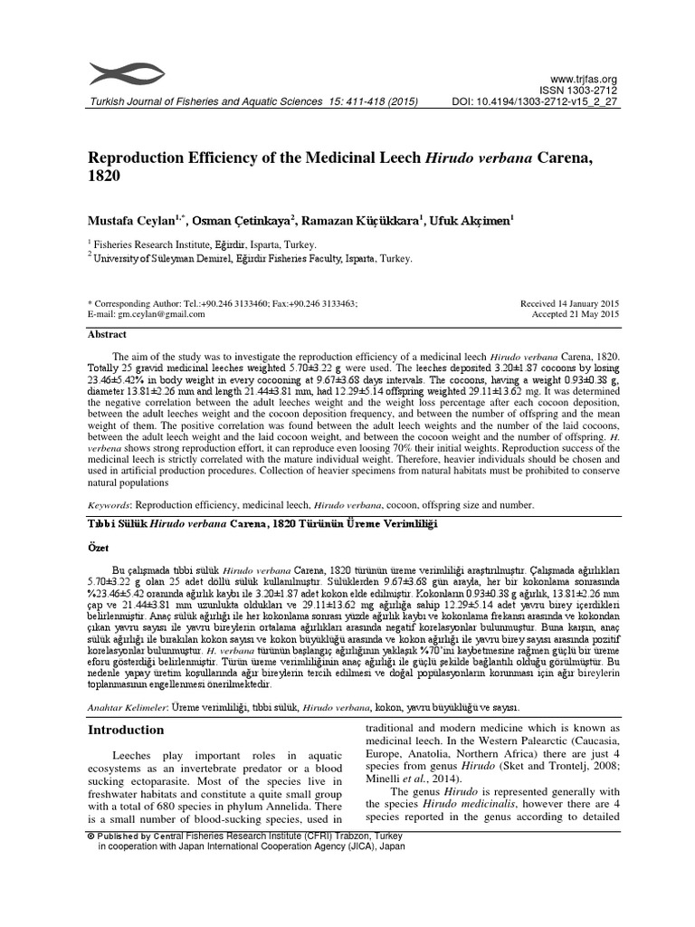 Reproduction Efficiency of The Medicinal Leech Hirudo Verbana Carena ...