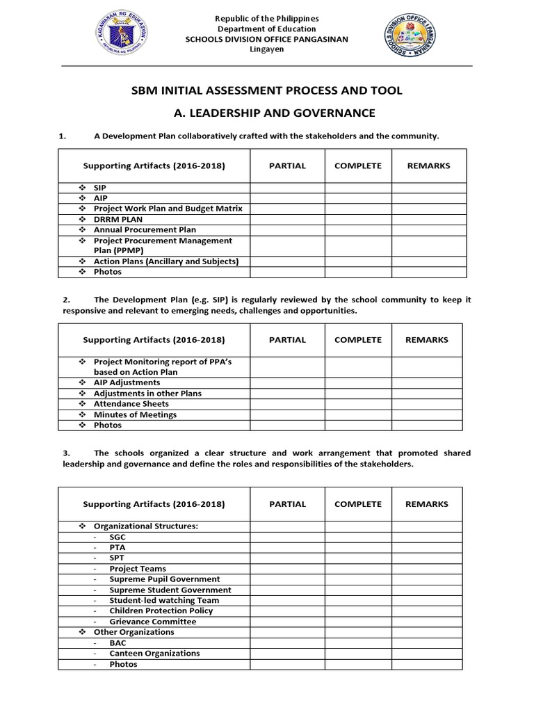 SBM Initial Assessment Process and Tool A. Leadership and Governance | PDF | Teachers | Governance